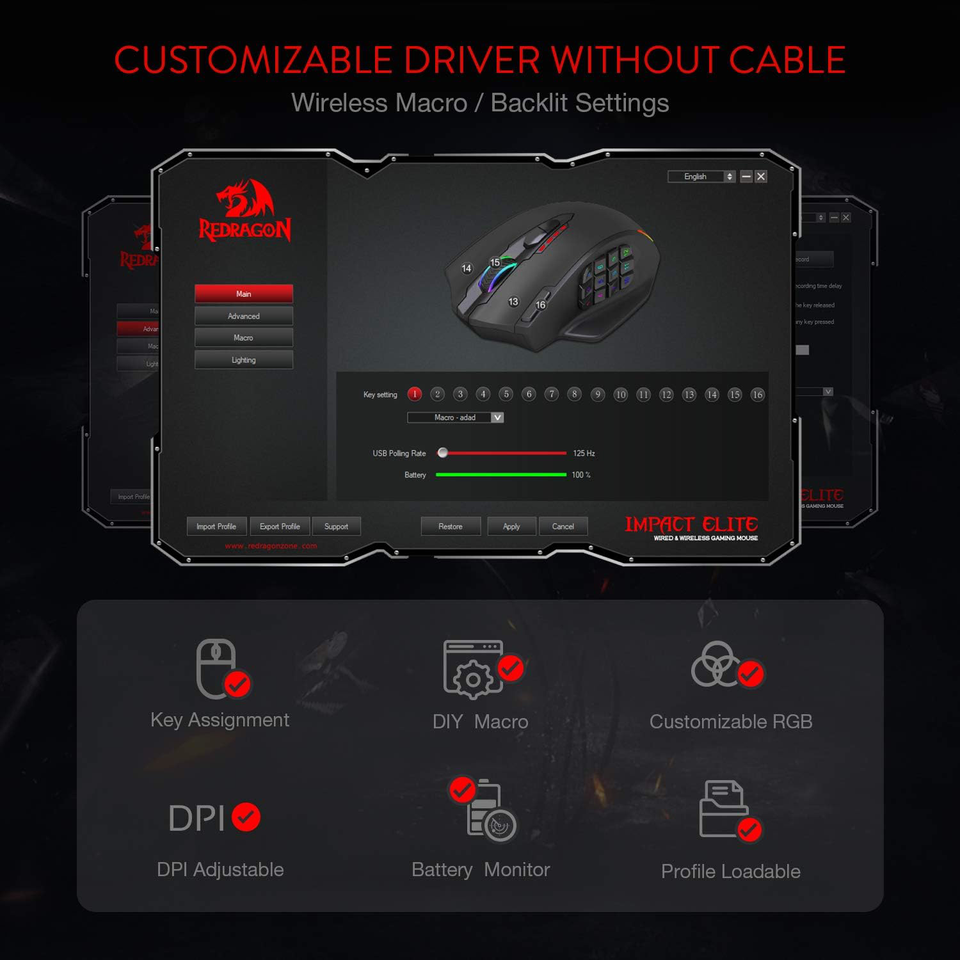 Redragon M913 Impact Elite Wireless Gaming Mouse 16000 DPI Wired ...