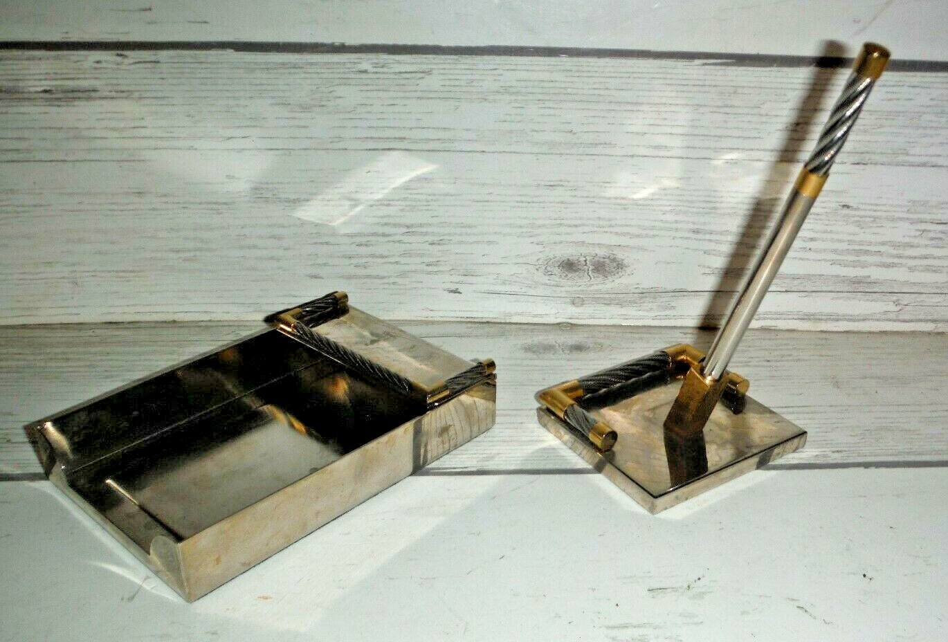 Vintage Chrome Brass Steel Cable Art Deco Pen + Notepad Holder For Desk ...