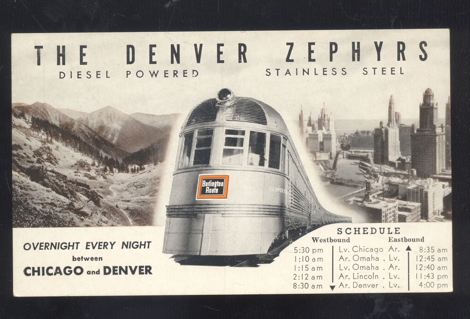 THE DENVER ZEPHYRS RAILROAD TRAIN BURLINGTON ROUTE ADVERTISING POSTCARD ...