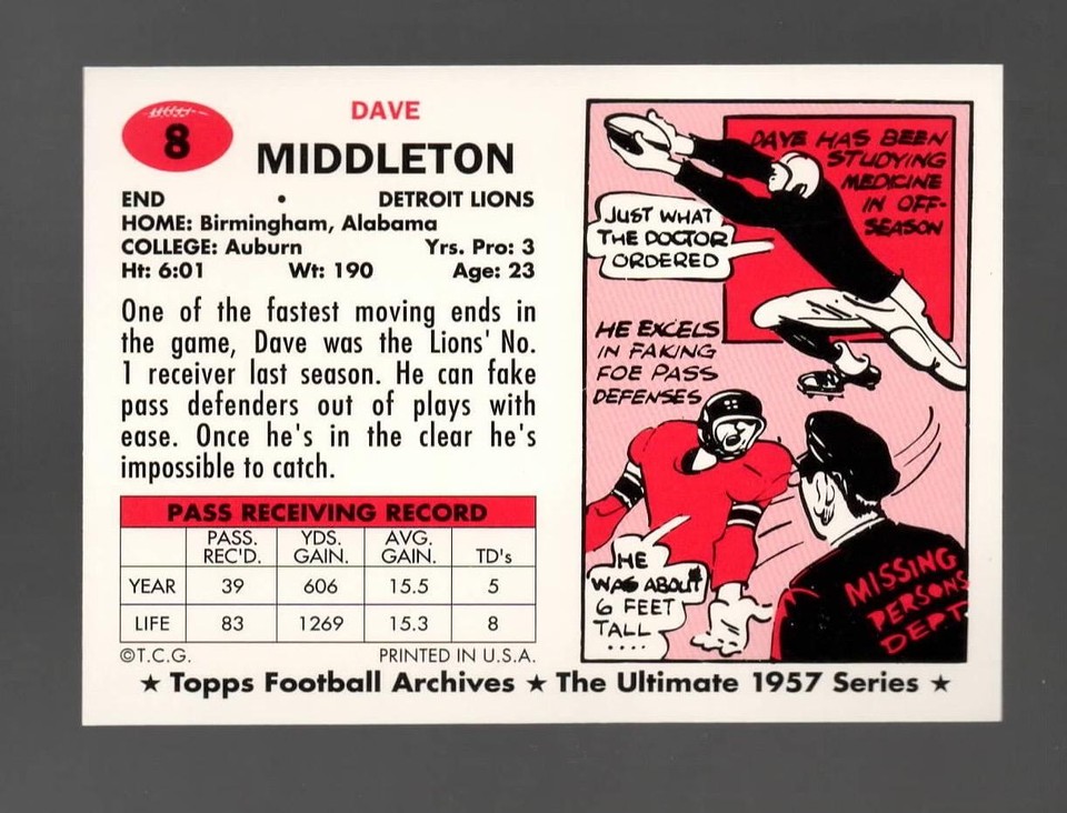 1994 Topps Archives 1957 Dave Middleton Detroit Lions #8 Near Mint or ...