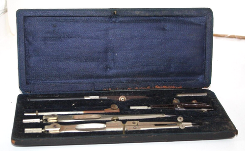 Antique Set of Drafting Tools Compass Protractor with original carrying ...