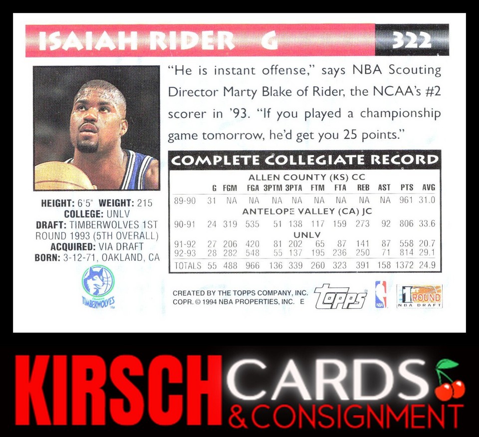 Isaiah Rider 1993-94 Topps #322 Gold Minnesota Timberwolves | eBay
