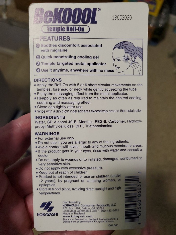 BeKoool Temple Roll-On for Migraine Relief Cooling Gel 0.17 oz. 100 ...