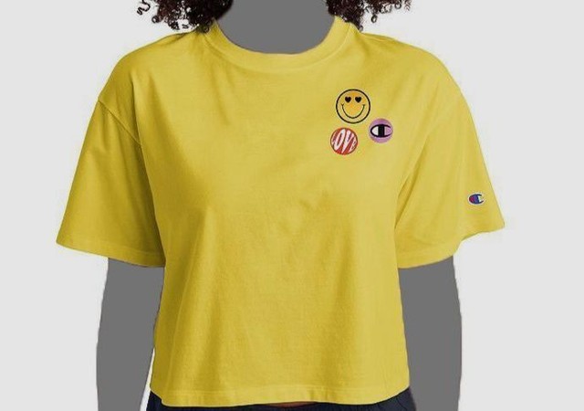 Champion Women Yellow Smiley Face Graphic Cropped Top T-Shirt Size ...