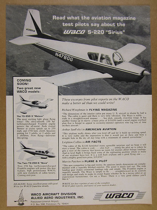 1967 Waco Aircraft S-220 Sirius TS-250-3 Meteor & -6 Nova photo vintage ...