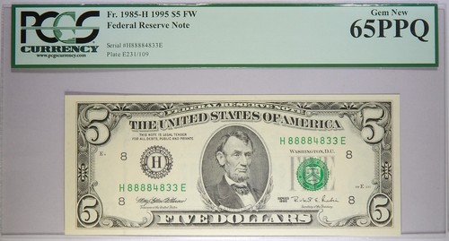 1995 $5 St. Louis PCGS 65PPQ Lucky 8's Fancy Serial Number 88884833 | eBay