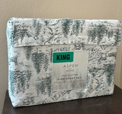 Aspen Home King Sheet set Christmas Evergreen Trees Houses New Cotton ...