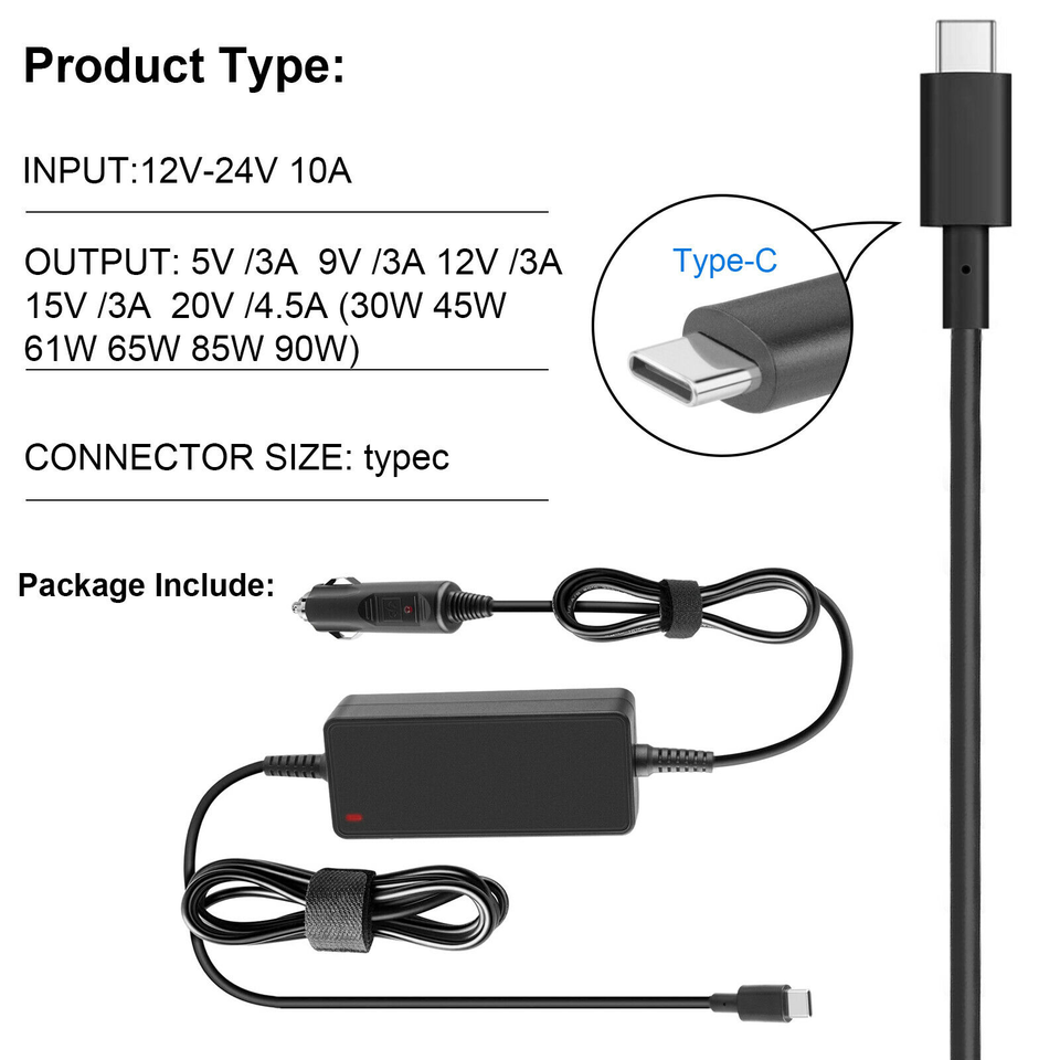 90W USB-C Laptop CAR Charger for Lenovo Yoga Thinkpad MacBook Samsung ...