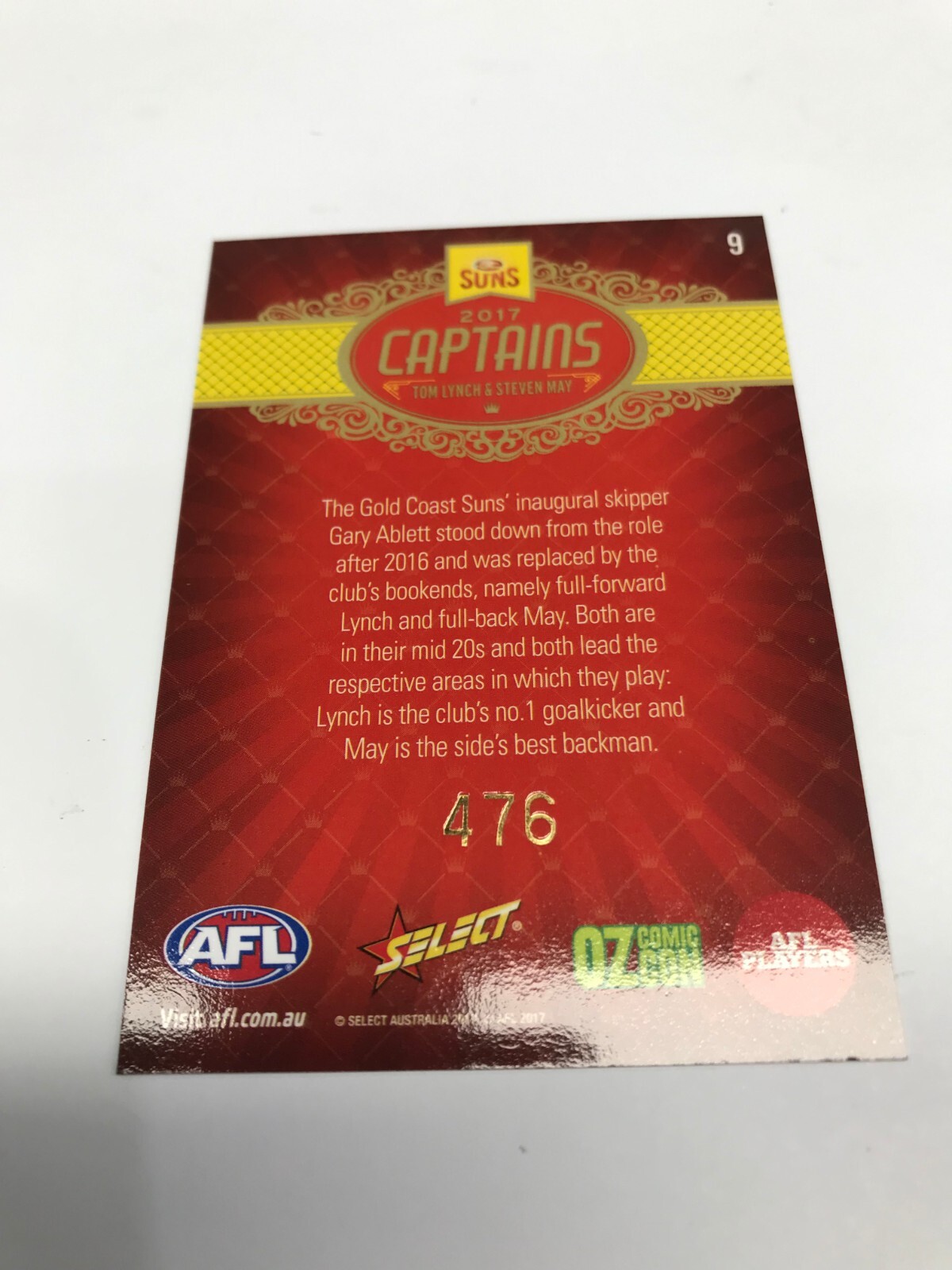 2017 SELECT OZ COMICON LIMITED EDITION AFL CAPTAINS CARD #9 LYNCH/MAY ...