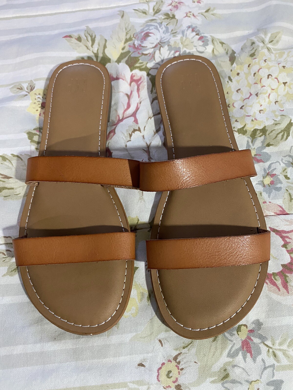 GAP Double Strap Flat Cognac Faux Leather Slides Size… - Gem