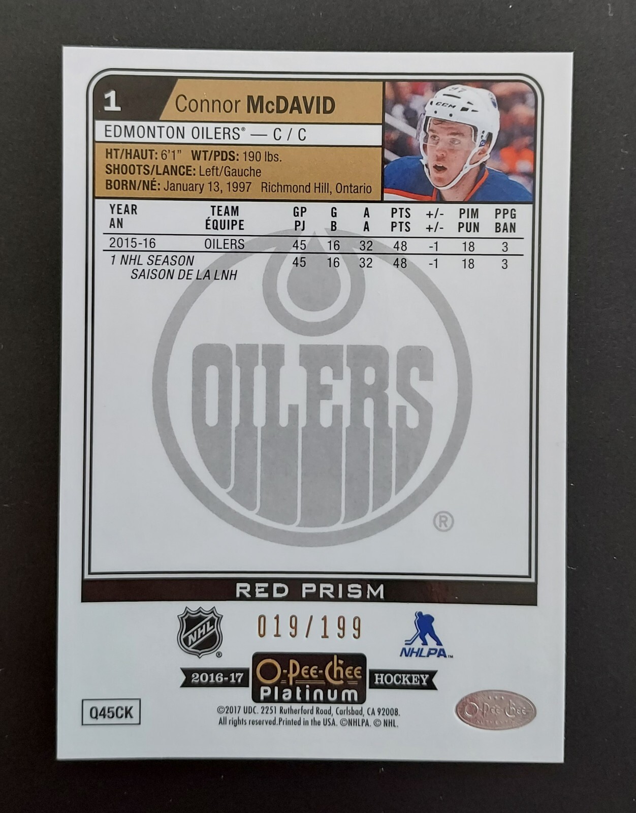 2016-17 O-Pee-Chee Platinum - Red Prism #1 Connor McDavid /199 for sale ...