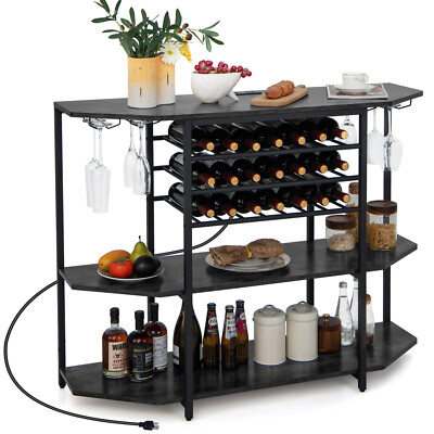 3-Tier Wine Rack Table w/Power Outlets, Wine Bottle Rack, Sideboard ...