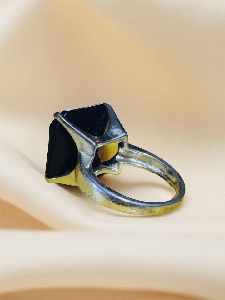 Vintage Chunky Black Faceted Silver Tone Cocktail Ring Geometric Art ...