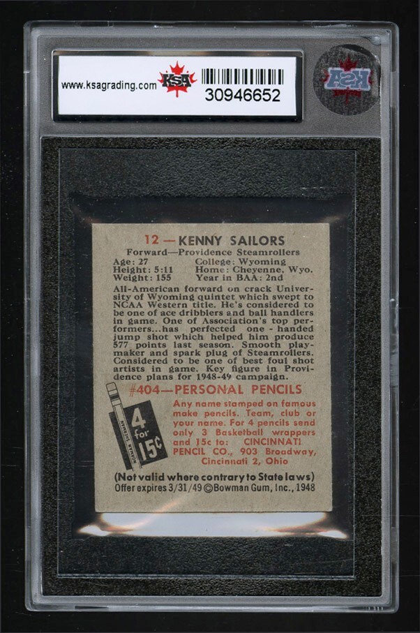 1948 BOWMAN #12 KEN KENNY SAILORS KSA 8 WYOMING NCAA CHAMPION INVENTED ...