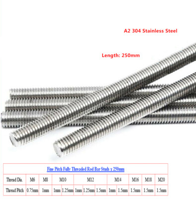 M6-M20 Fine Thread Pitch Fully Threaded Rod Bar Studding x 250mm,A2 ...
