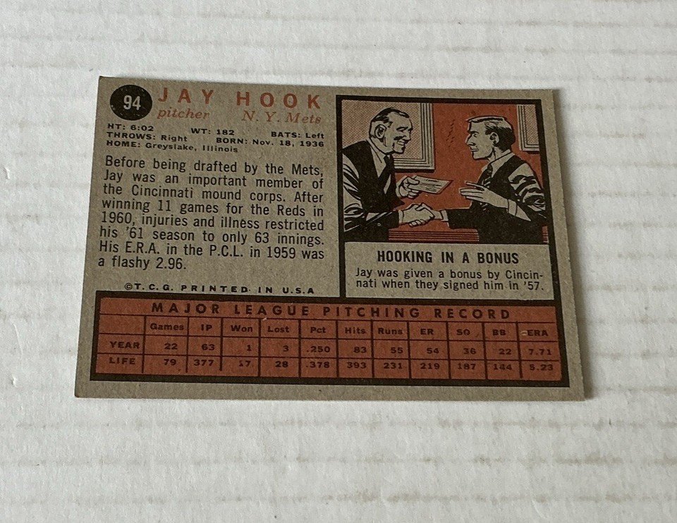 1962 Topps - #94 Jay Hook - Excellent Condition | eBay