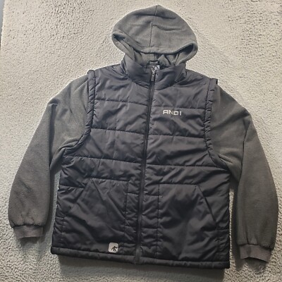 And1 Jacket Men's Large Black Gray Puffer Hooded Full Zip Insulated ...
