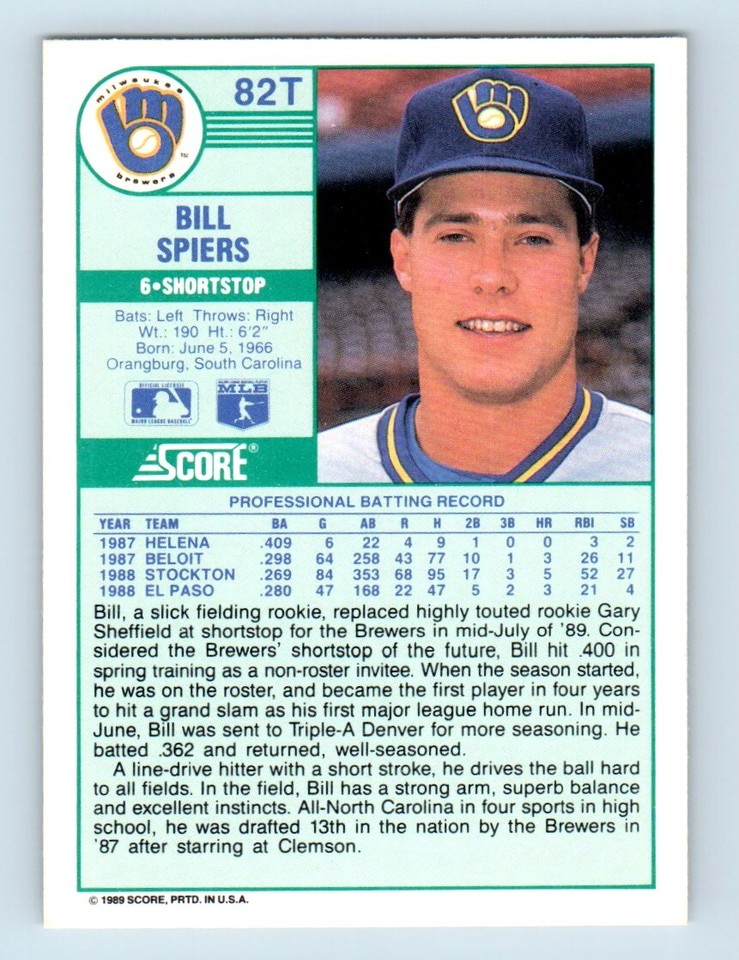 1989 Score Rookie & Traded Bill Spiers Rookie Milwaukee Brewers #82T | eBay