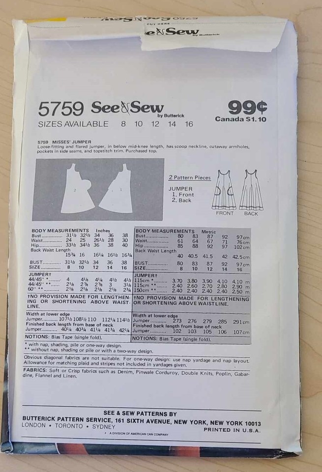 Vintage 70's Sewing Pattern Butterick 5759 Jumper Size 8 UNCUT | eBay