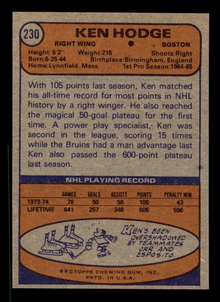 1974 Topps Hockey #230 Ken Hodge VG | eBay