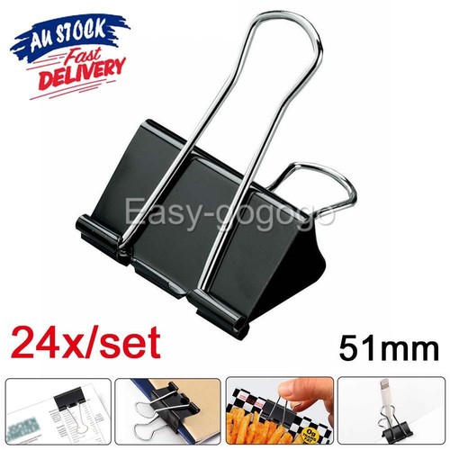 24x Large 51mm Black Steel Foldback Office Clips Paper Document Bulldog ...