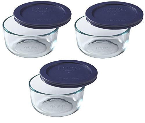 Pyrex 2 Cup Storage Round Container with Dark Blue Plastic Lids ...