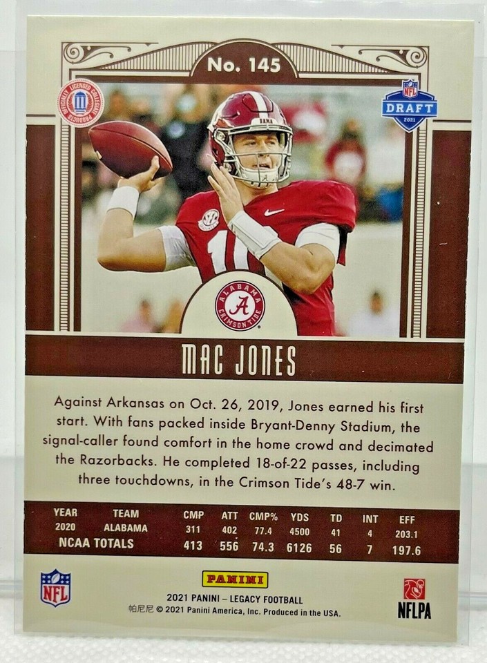 Mac Jones ROOKIE CARD 2021 Panini Legacy Football Card #145 San ...