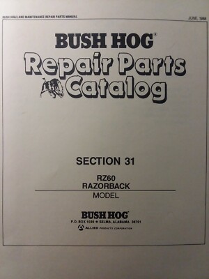 Bush Hog Rotary Cutter Razorback RZ60 Implement Parts Catalog Manual ...