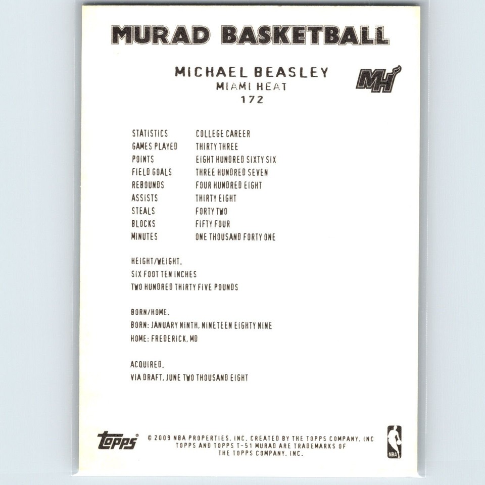 2008-09 Topps T-51 Murad - Michael Beasley #172 Standing - Miami Heat ...