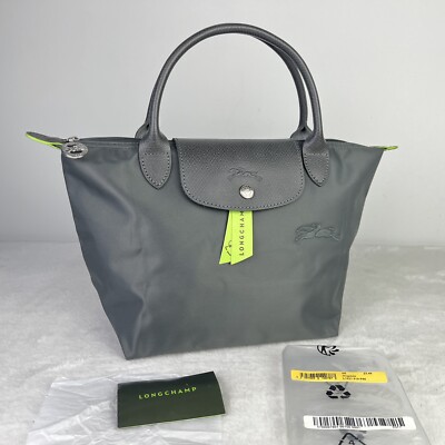 Brand New Long Champ Small Le Pliage Graphite Nylon Black Leather Top ...