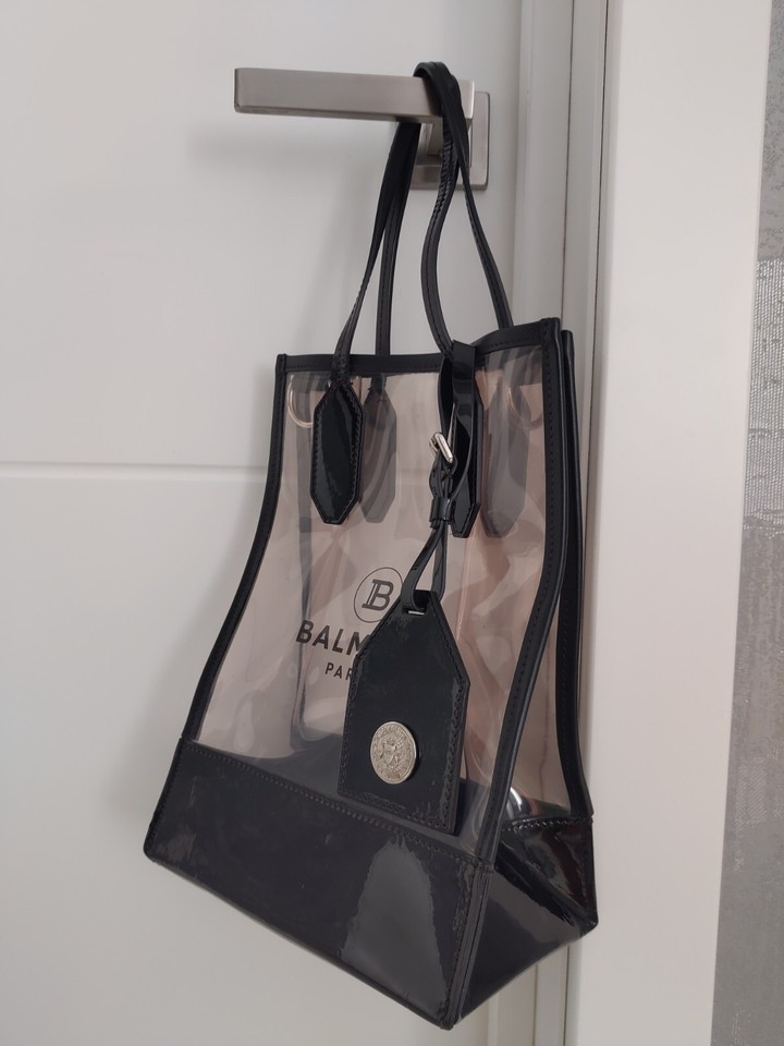 BALMAIN Transparent Print Logo Small Tote PVC Clear Black Leather ...