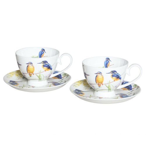 2x 250cc Fine Bone China Cups w Saucers Kingfisher Coffee Tea Cup w ...