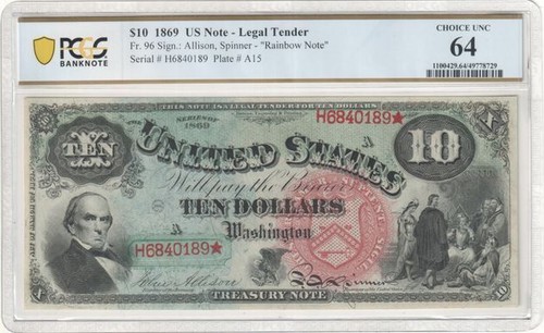 $10 1869 Legal Fr. 96 TEN DOLLAR RAINBOW Jackass GREAT COLOR PCGS Ch ...
