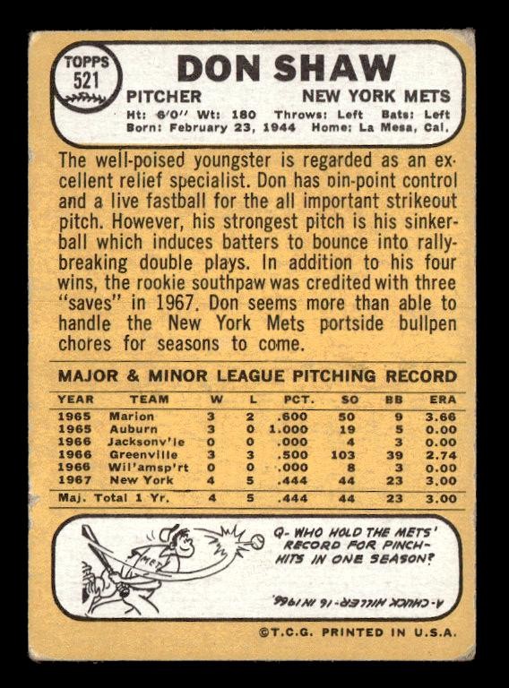 1968 Topps #521 Don Shaw New York Mets | eBay