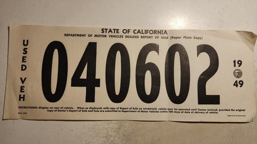 1949 DMV California Temporary Auto License Paper Plate Dealers Copy ...