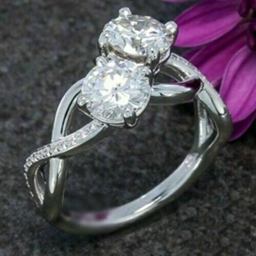 2.88Ct White Round Cut Moissanite Two Stone Women Engagement 14K White Gold Ring | eBay
