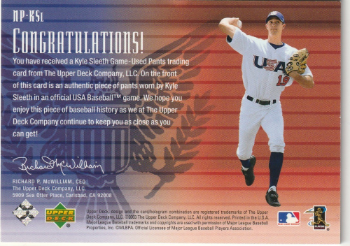 2003 Upper Deck National Pride Memorabilia #KSL Kyle Sleeth Jersey | eBay