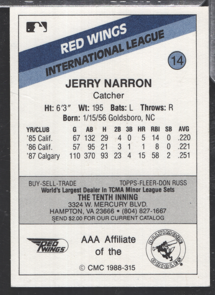 Jerry Narron Red Wings Autographed 1988 CMC #14 w/COA 021224NPCD689 | eBay