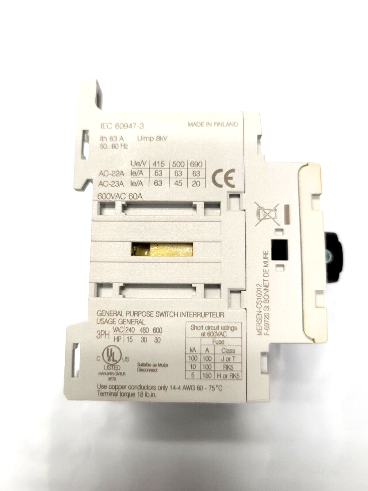 Mersen M633 3 Pole 63 Amp Rotatory Load Disconnect Switch for sale ...