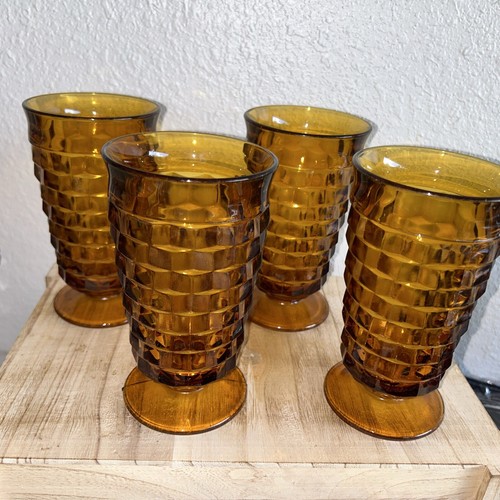 Vintage Indiana Amber Whitehall Cubist 6 Footed Drinking Glasses Set