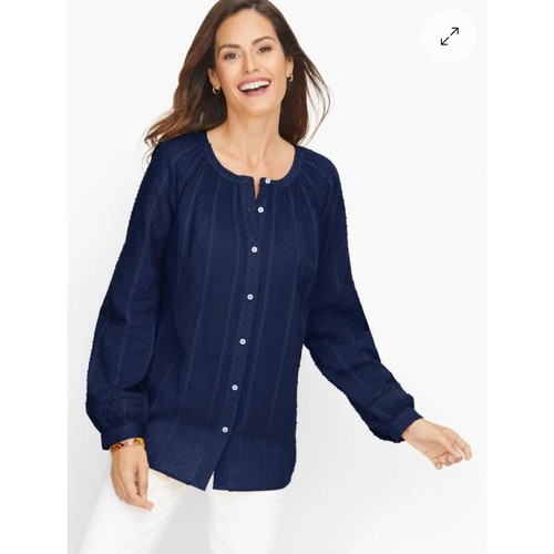 Talbots Plus Swiss Dot Smock Neck Button Front Top Navy Size 2X Long ...