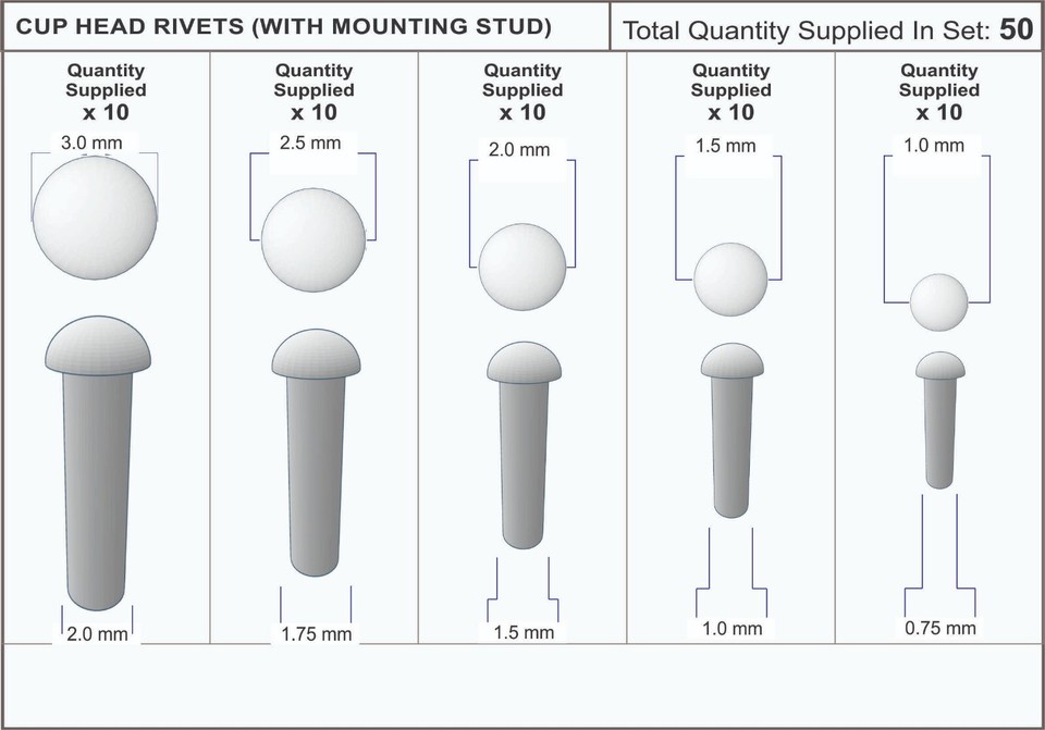 1/8 1/12 1/16 POCHER / REVELL - CUP HEAD RIVETS - 1mm to 3mm - 50 PCS ...