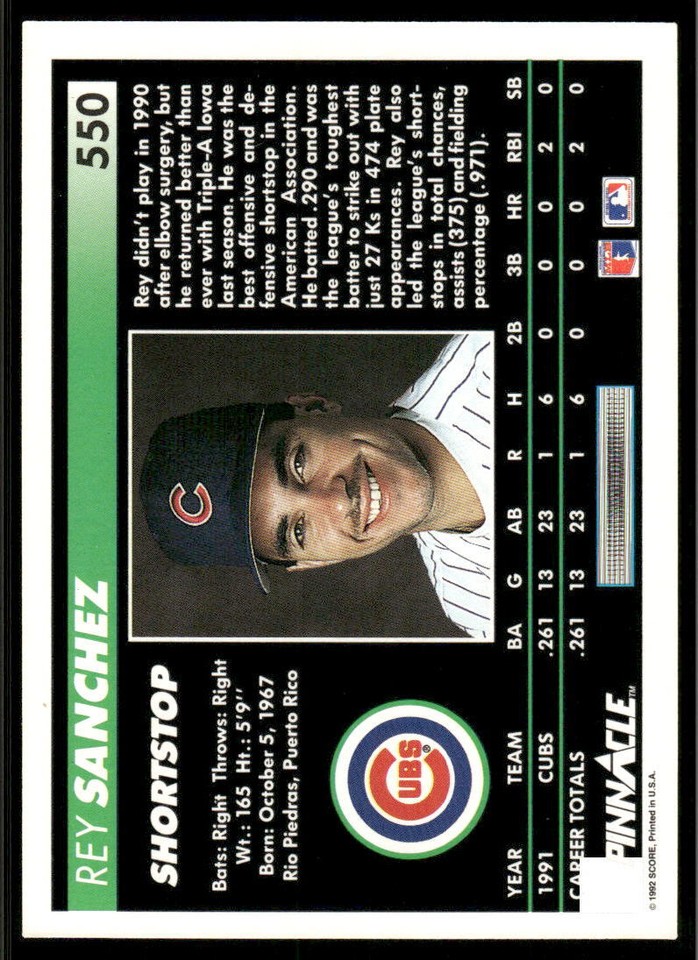 1992 Pinnacle #550 Rey Sanchez | eBay