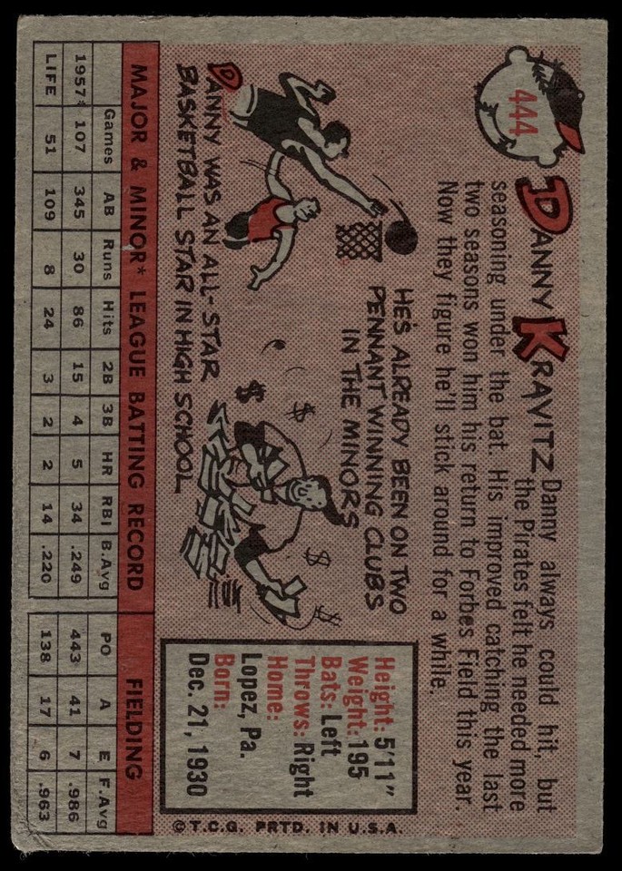 1958 Topps #444 Danny Kravitz Pittsburgh Pirates LOW GRADE | eBay