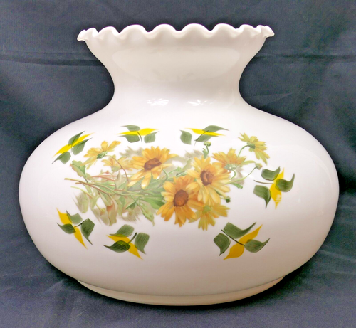 10" Fitter Yellow Daisy Floral Hurricane Milk Glass GWTW Crimp Top Lamp ...