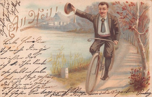 AUSTRIA~ALL HEIL~MAN WAVES HAT WHILE RIDING BICYCLE~1900s ARTIST ...