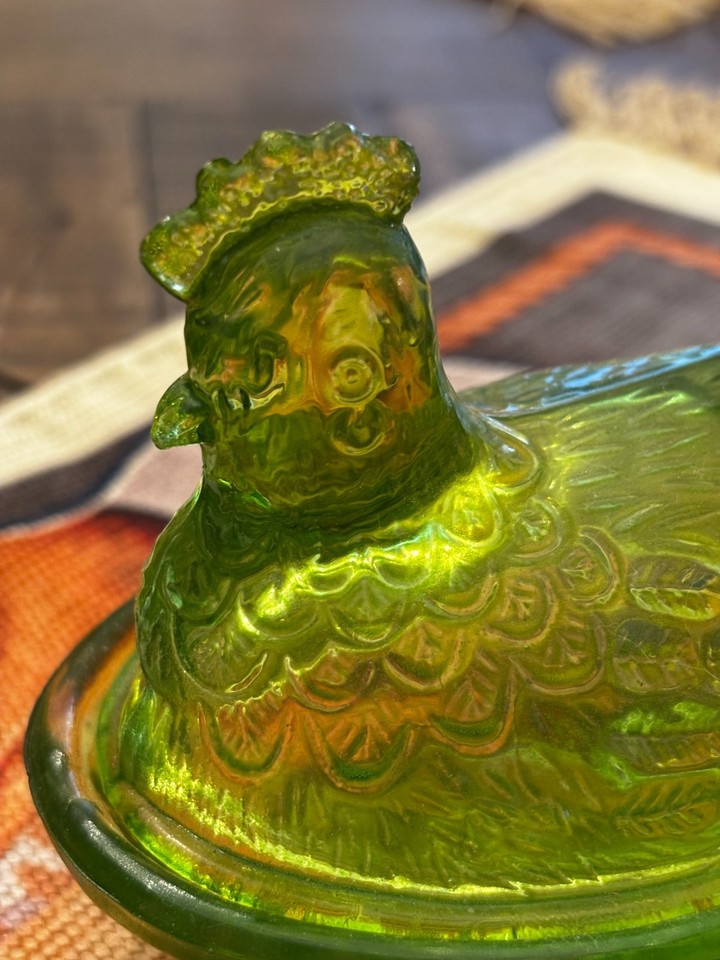 VTG Indiana Yellow Glass Hen on Nest Chicken Rooster Candy Dish Farm ...