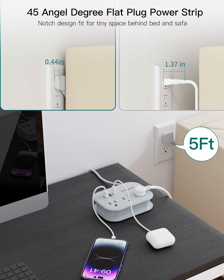 Flat Plug Power Strip- USB Travel Power Strip 3 Outlets and 3 USB ...