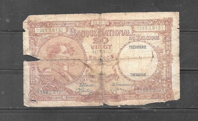 BELGIUM #98c AG CIRC 1940 20 FRANC WWII ERA BANKNOTE PAPER MONEY ...