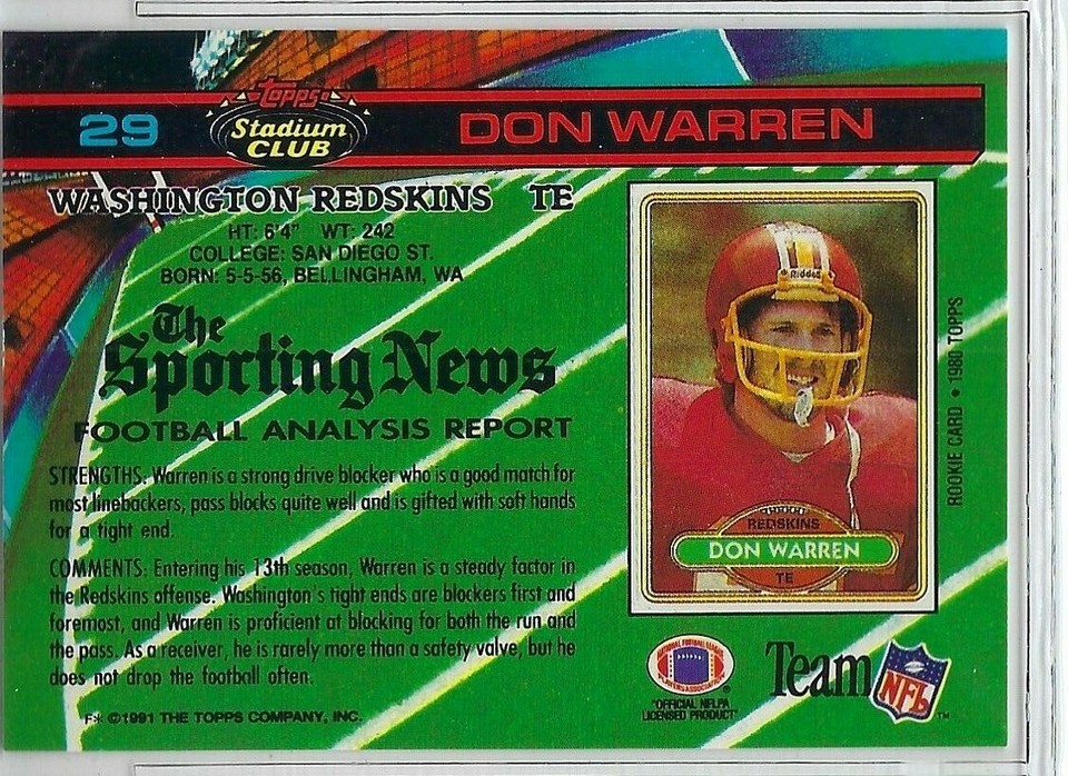 Topps Stadium Club Football card 1992 Card # 29 Don Warren Washington ...